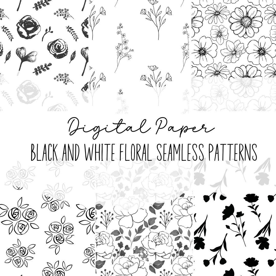 Black and White Floral Digital Paper 6 Seamless Floral Patterns ...