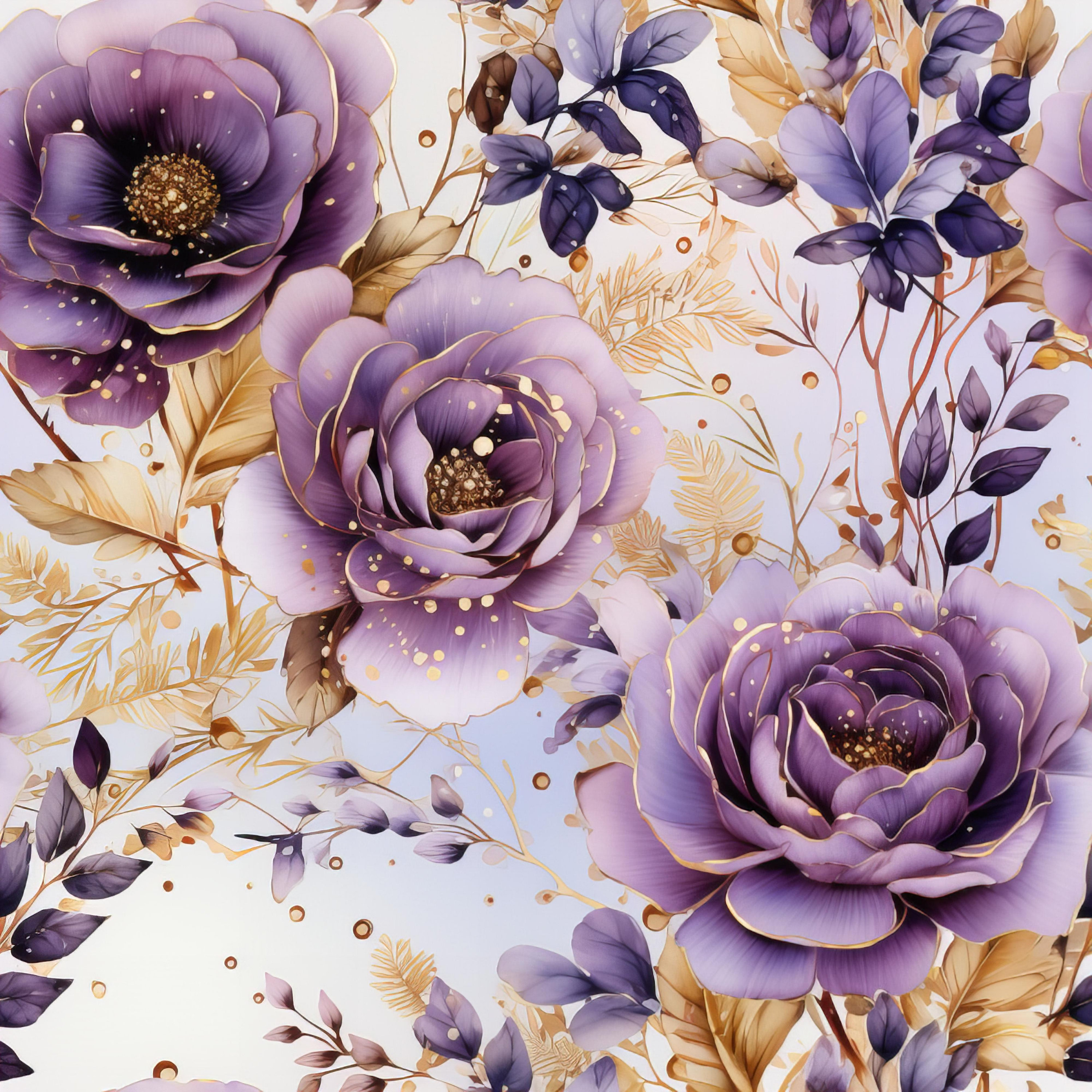 Printable Purple and Gold Floral Design Digital Paper 10 Seamless ...