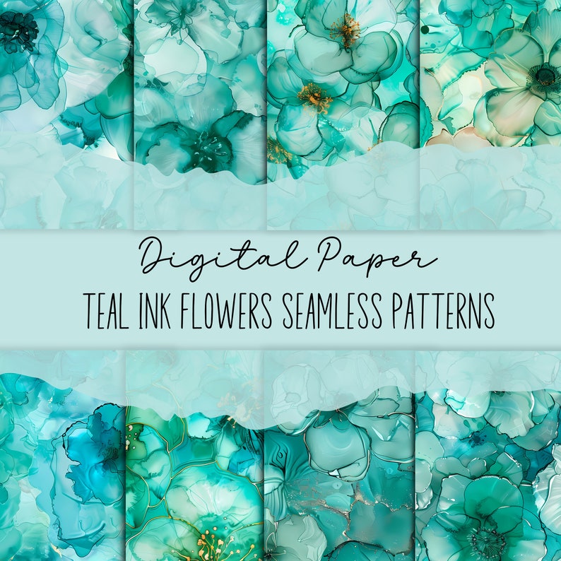 Printable Teal Green Ink Effect Flowers Digital Paper 8 Seamless Ink ...