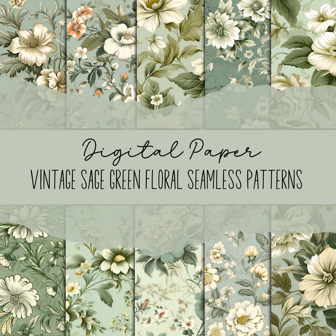 Printable Vintage Sage Green Floral Seamless Patterns | Digital Prints ...