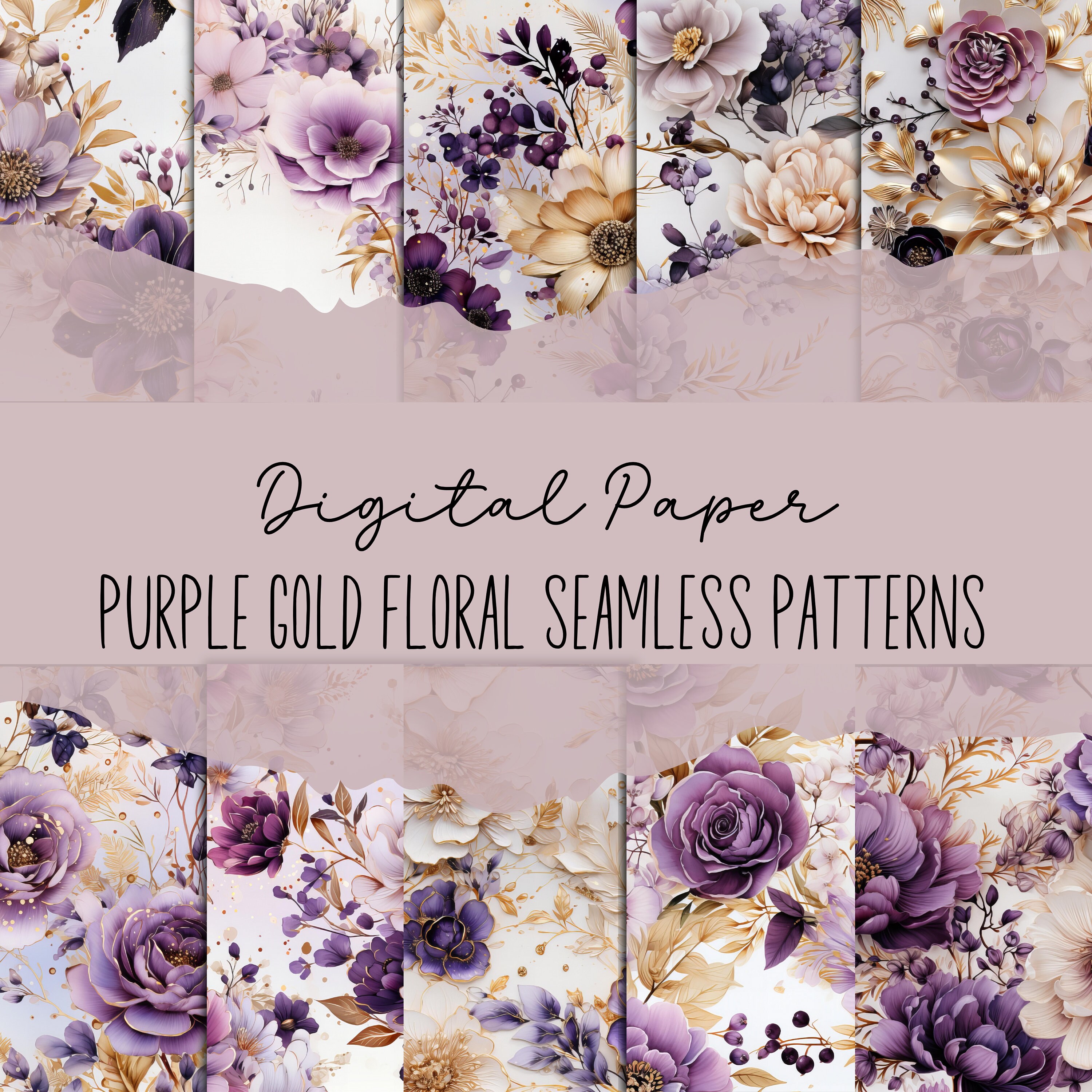 Printable Purple and Gold Floral Design Digital Paper 10 Seamless ...