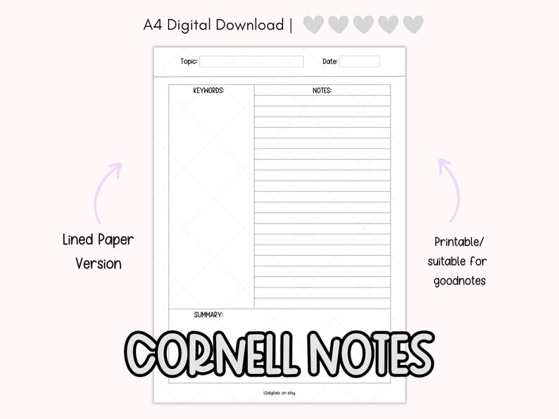 Printable Cornell Notes Lined Study Revision Paper for Students, Grey ...