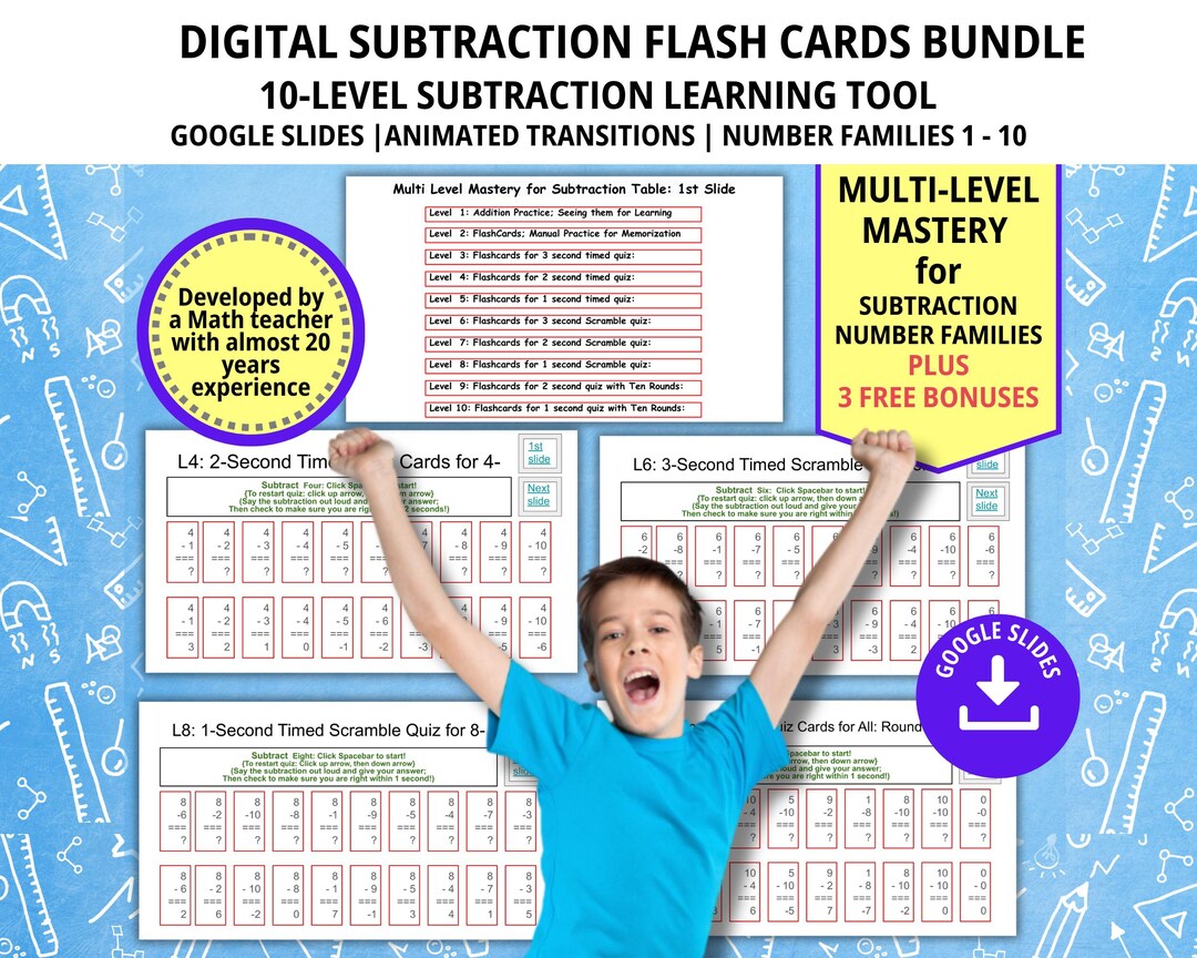 Subtraction Flashcards, 10-level Bundle, Math Practice, Math Facts ...