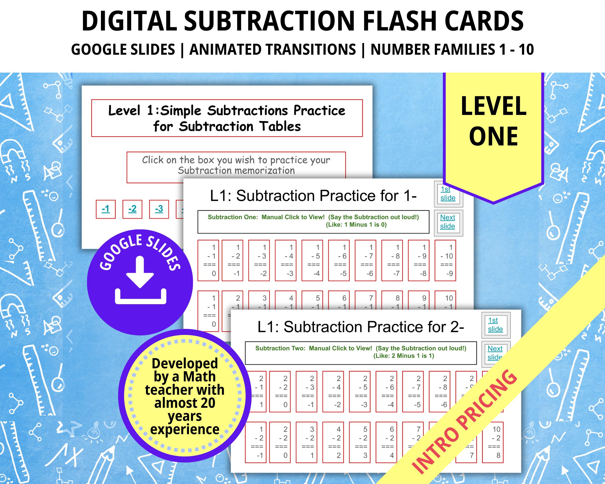 Subtraction Flashcards, Level 1, Math Practice, Math Facts, Flash Cards ...