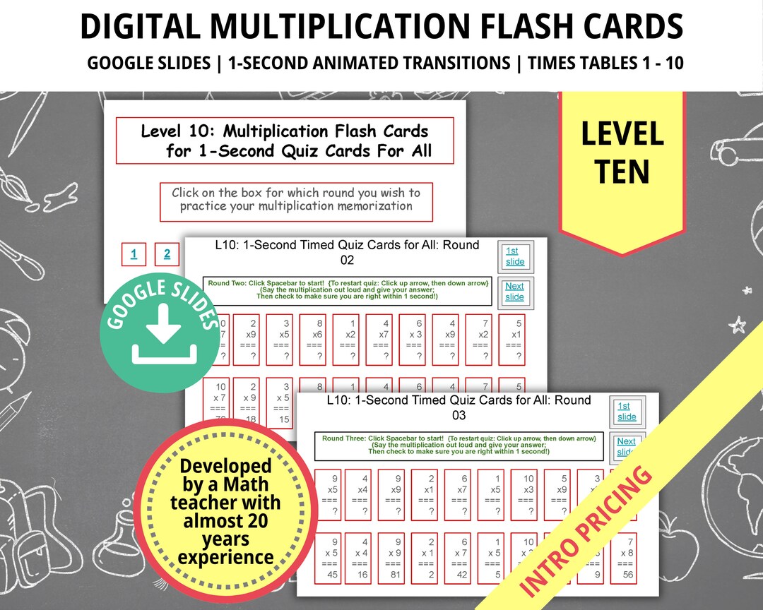 Multiplication Times Table Flashcards, Level 10, Math Practice ...