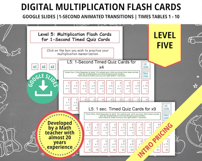 Multiplication Times Table Flashcards, Level 5, Math Practice ...