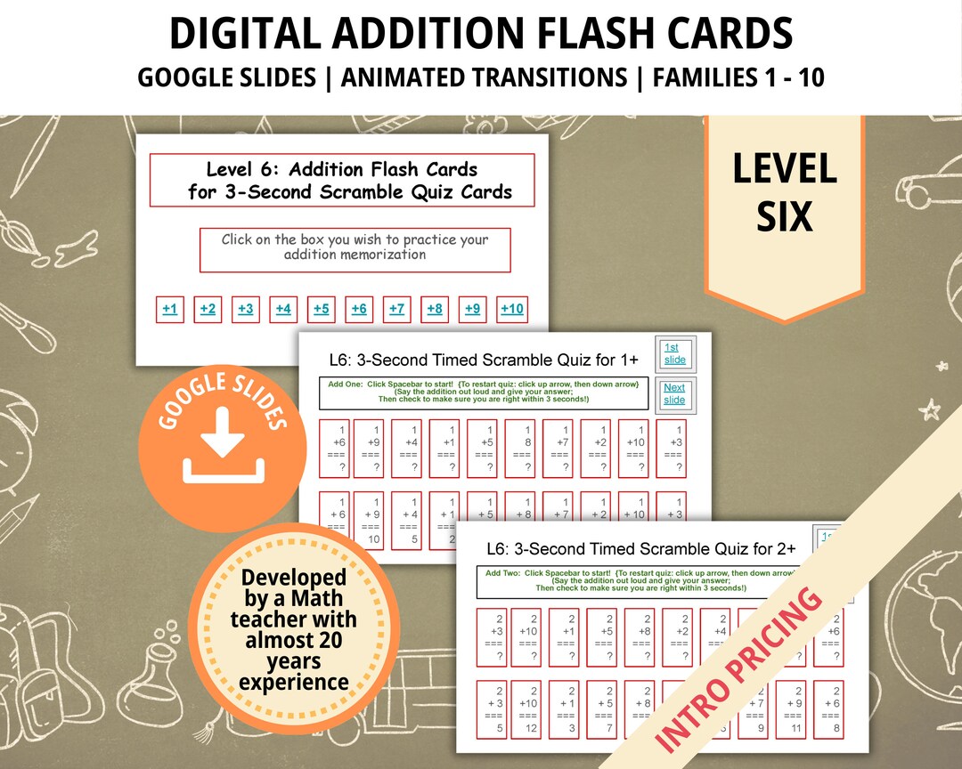 Digital Addition Flashcards, Level 6, Math Practice, Math Facts, Flash ...