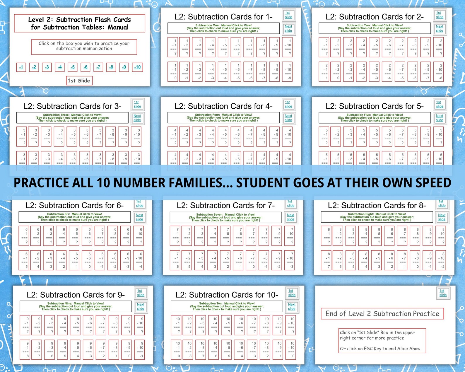 Subtraction Flashcards, Level 2, Math Practice, Math Facts, Flash Cards ...