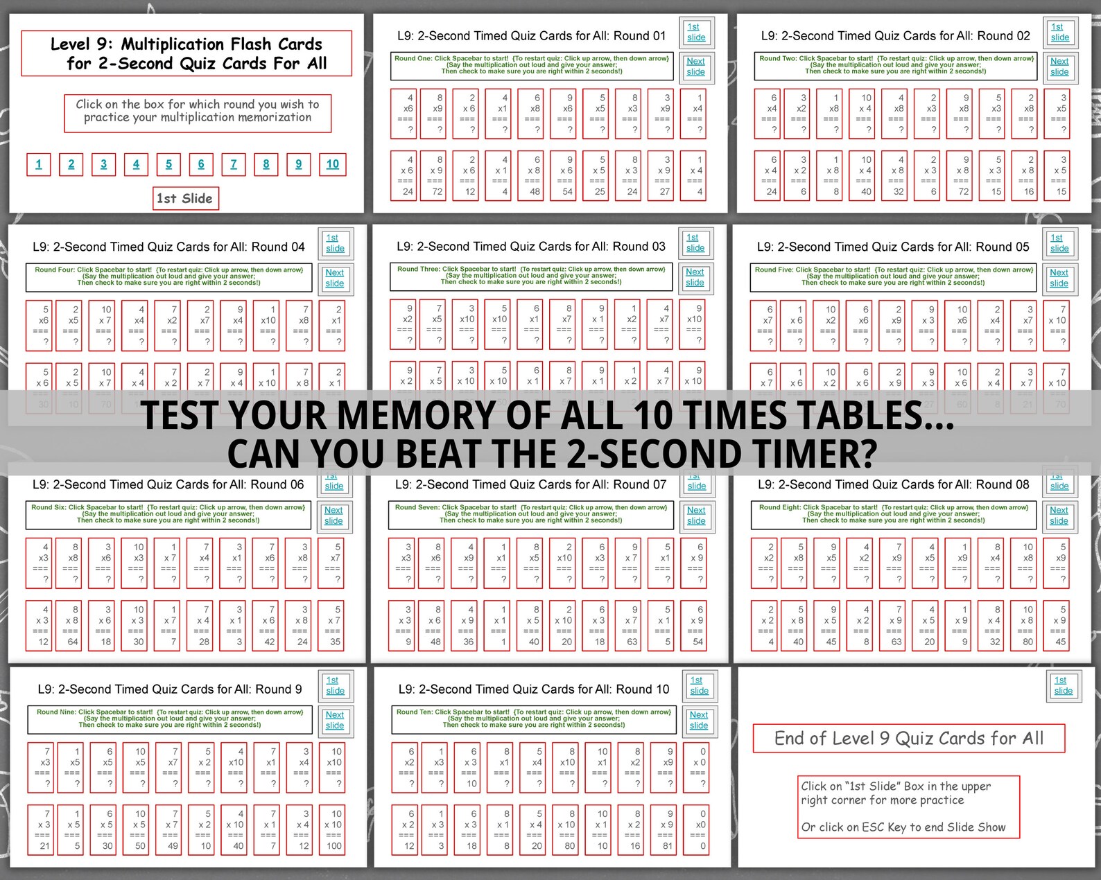 Multiplication Times Table Flashcards, Level 9, Math Practice ...