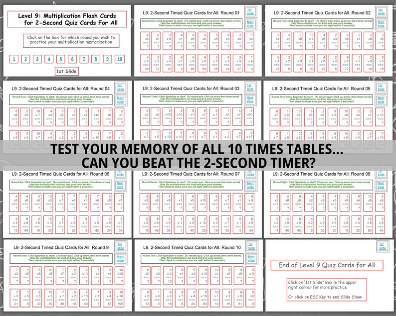 Multiplication Times Table Flashcards, Level 9, Math Practice ...