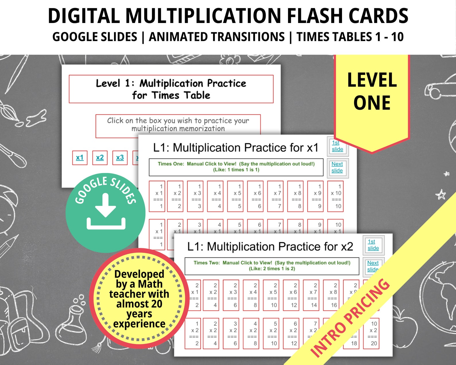 Multiplication Times Table Flashcards, Level 1, Math Practice ...