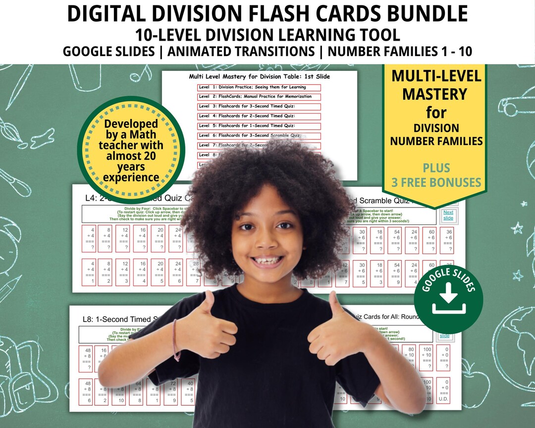 Digital Division Flashcards, 10-level Bundle, Math Practice, Math Facts ...