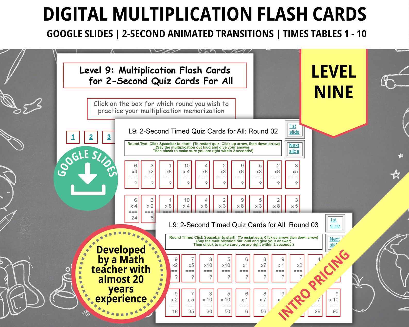 Multiplication Times Table Flashcards, Level 9, Math Practice ...