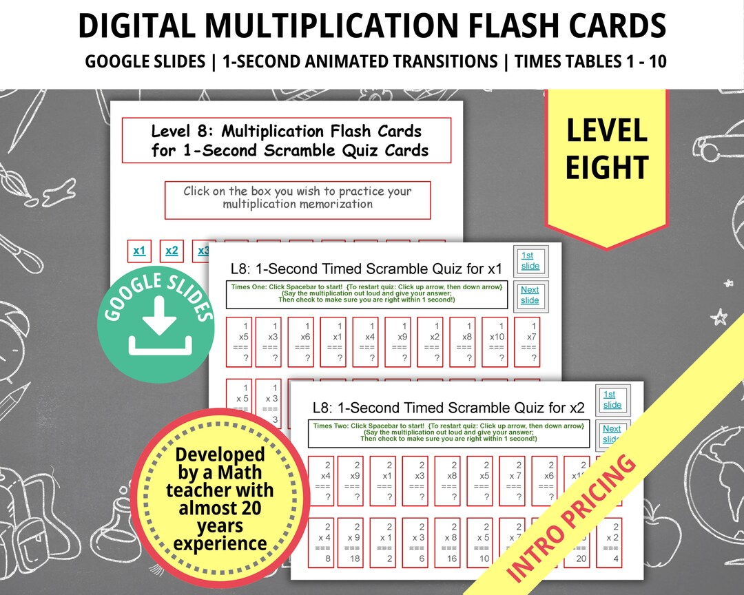 Multiplication Times Table Flashcards, Level 8, Math Practice ...