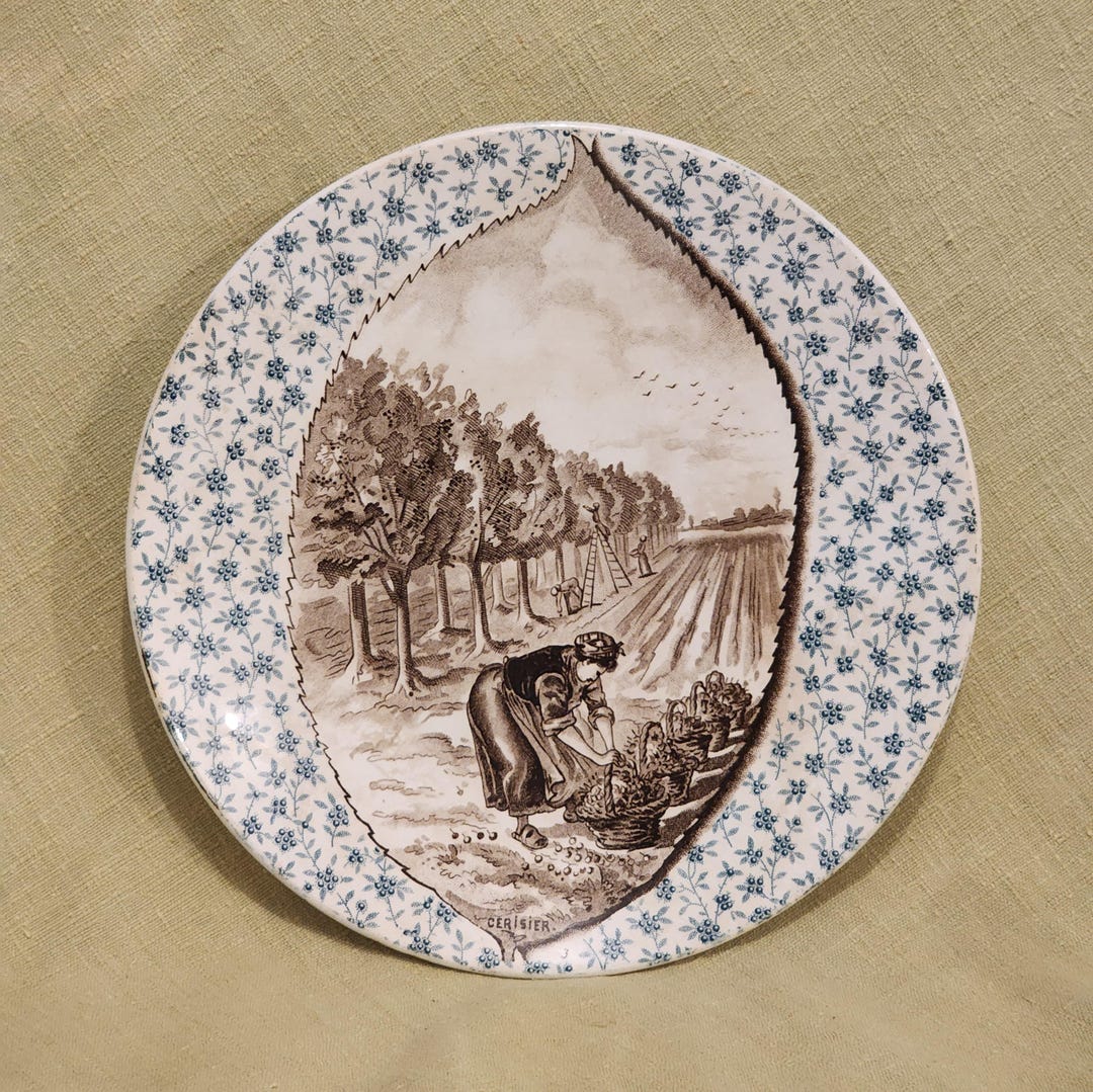 Antique French Cerisier Ceramic Plate: Woman Picking Cherries Folk Art ...