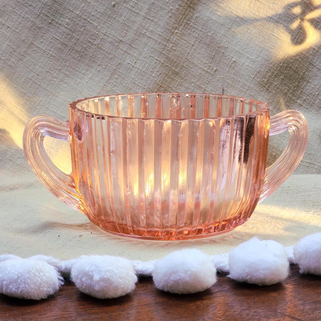 Vintage Pink Depression Glass Ribbed Bowl With Handles Candy Dish ...
