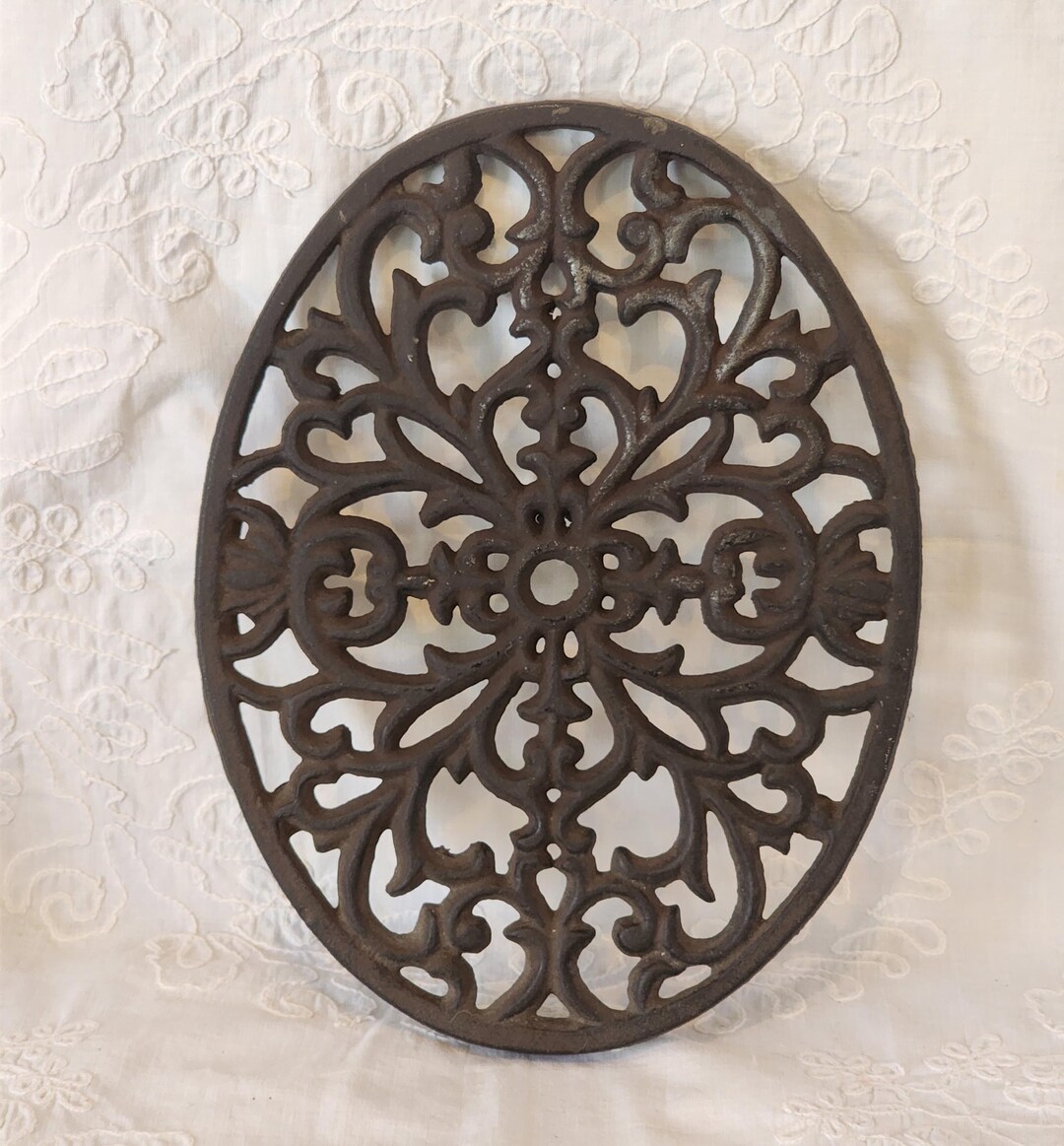 Vintage Cast Iron Oval Trivet, Fenehc Filigree Design, Hot Plate, Wall ...
