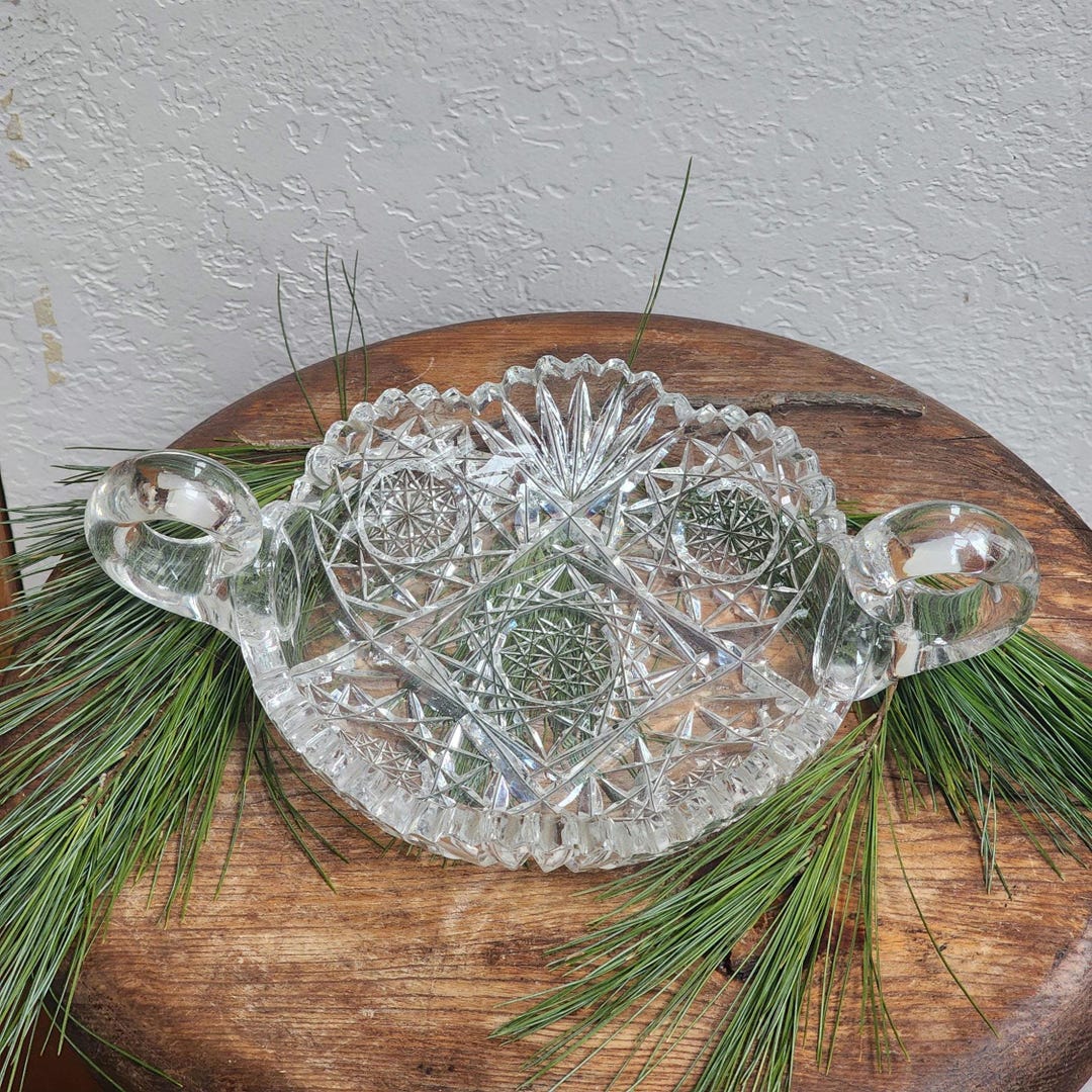 Vintage Crystal Dish With 2 Finger Loop Handles, Heavy American ...