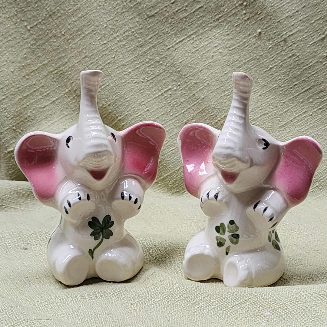Vintage Ceramic Mini Lucky Elephants Set of 2 Shamrock Four Leaf Clover ...