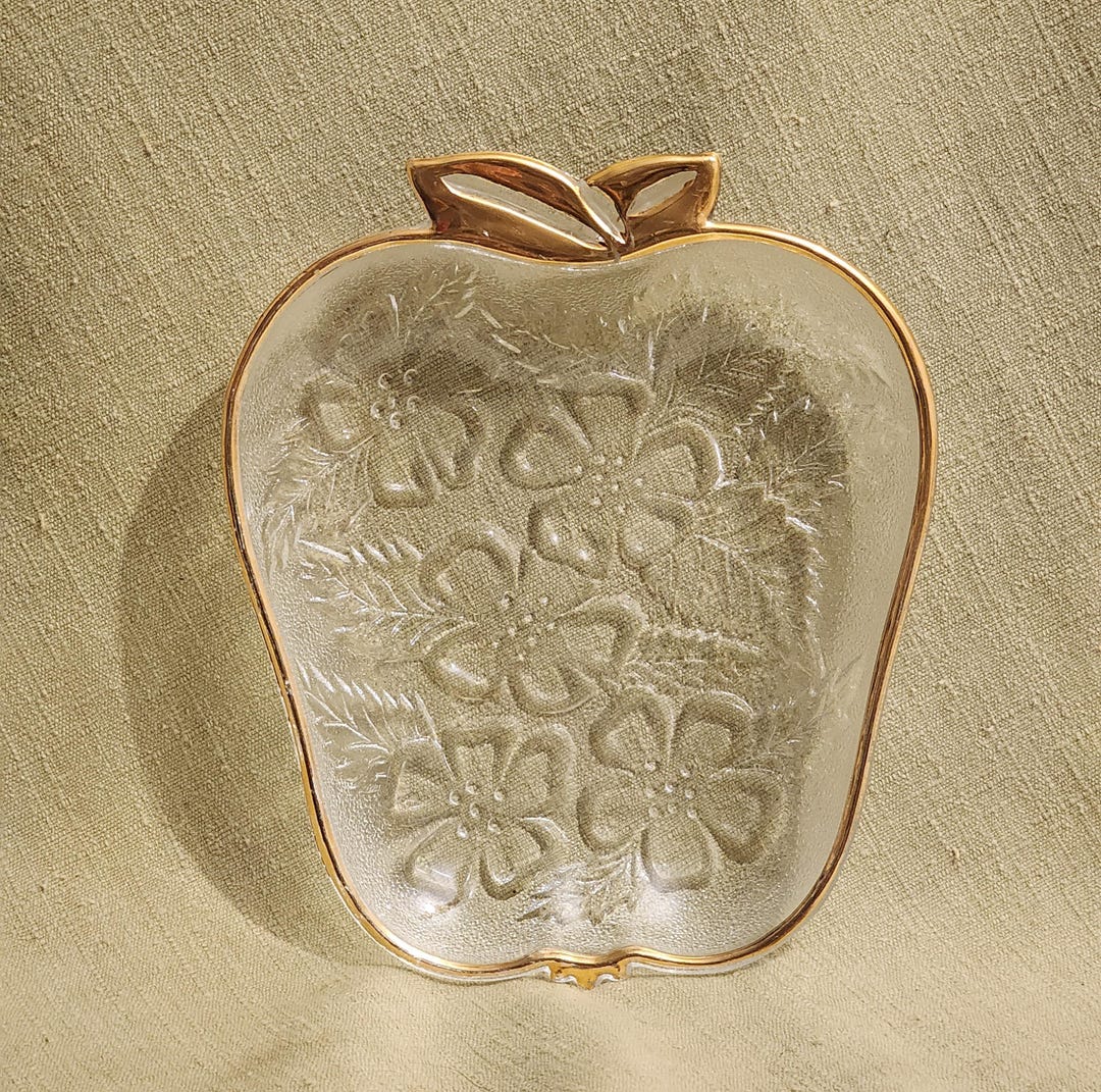 Vintage Apple Shaped Glass Trinket Dish, Embossed Apple Blossoms Design ...
