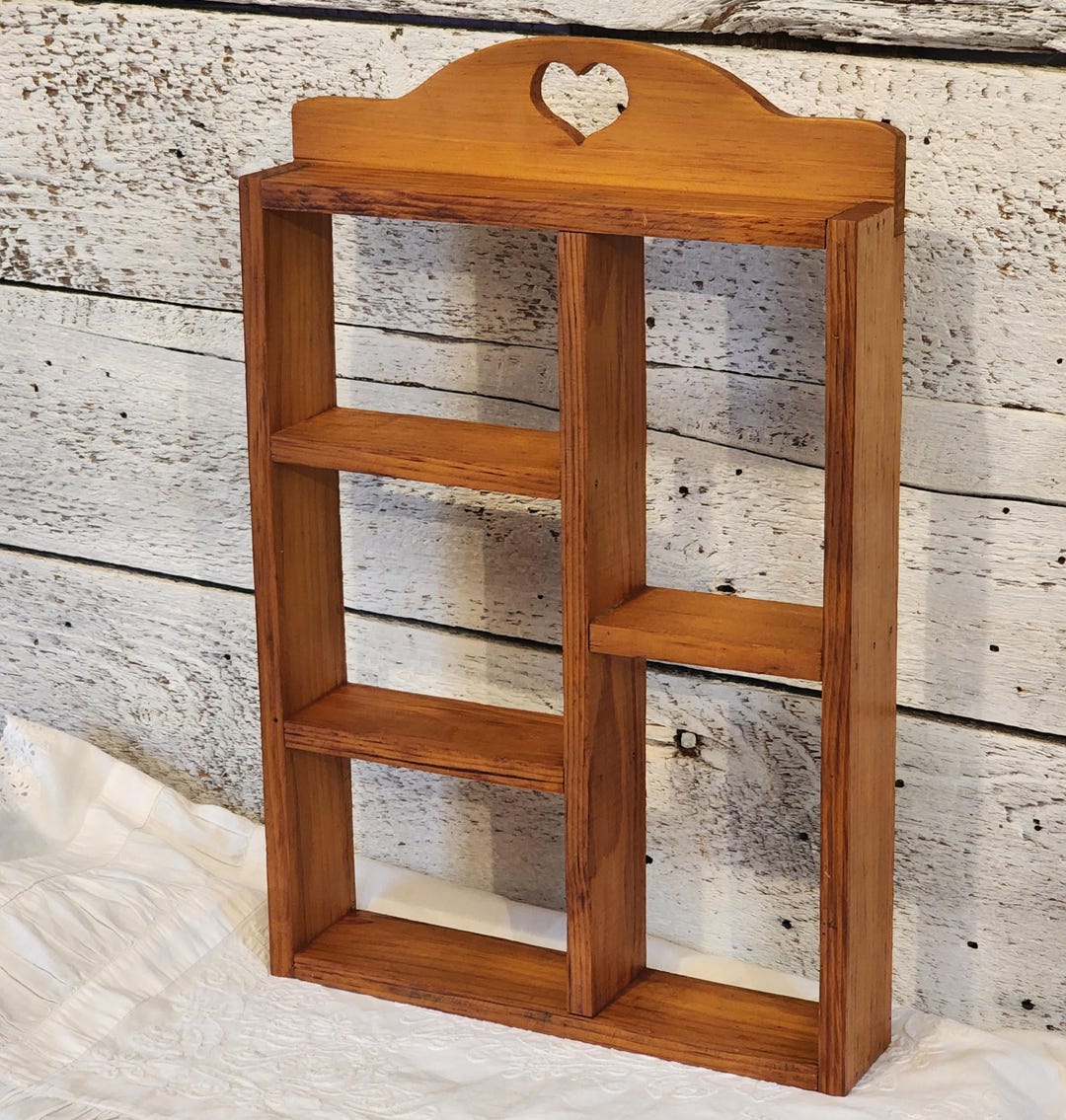 Vintage Golden Pine Wood Shelf With Heart Shape Cutout, Wall Hanging ...