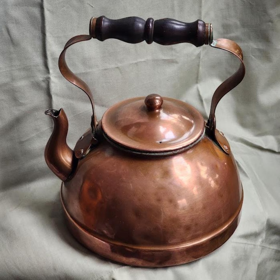 Vintage Copper Kettle Wood Handle Patina Cottagecore Farmhouse Rustic ...