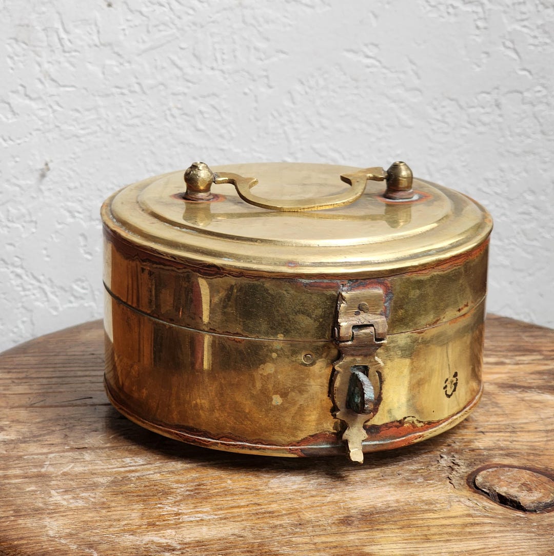 Vintage Round Brass Box With Handle, Unique Patina and Puple Material ...