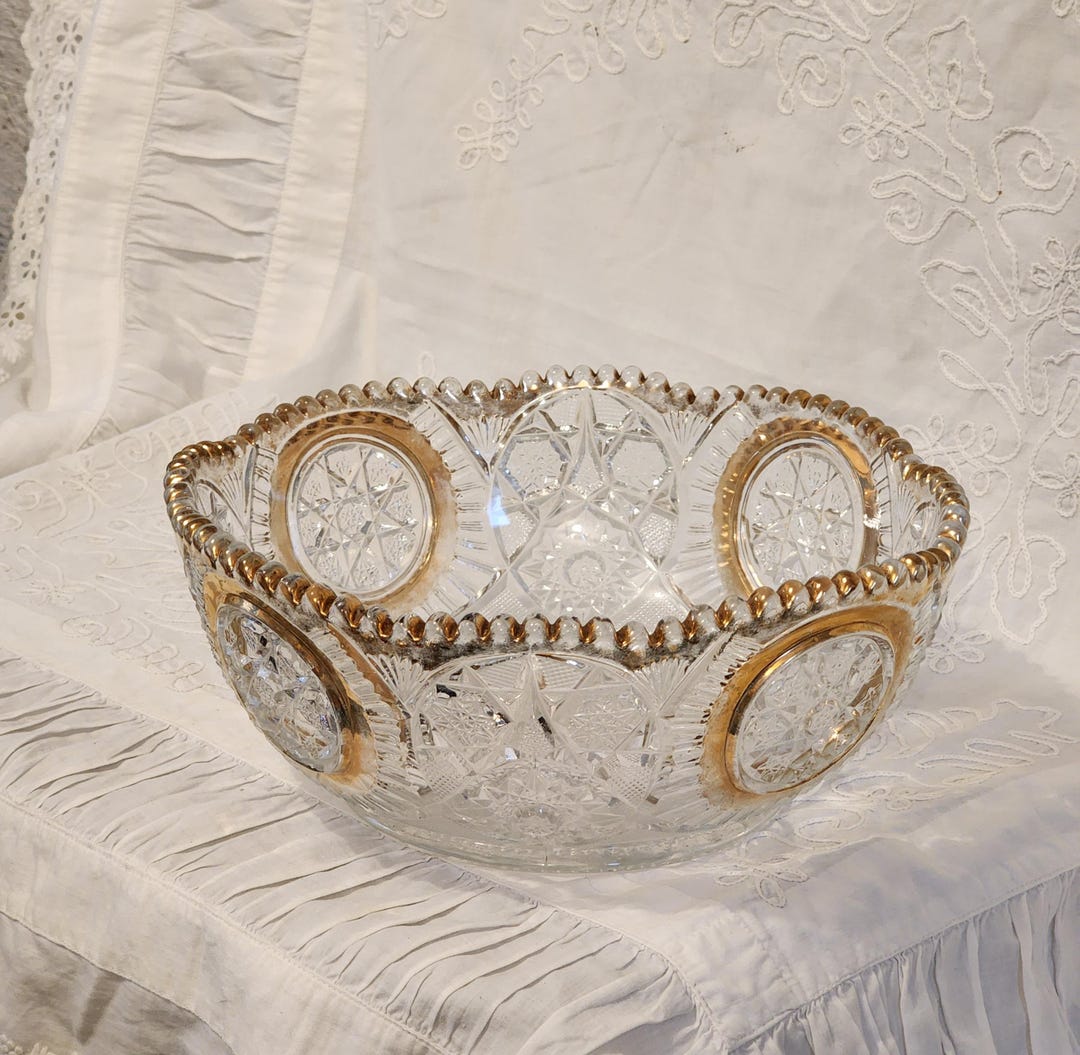 Vintage Cambridge Cut Glass Bowl: Hobstar Design, Gold Gilt (9 Inch) - Etsy