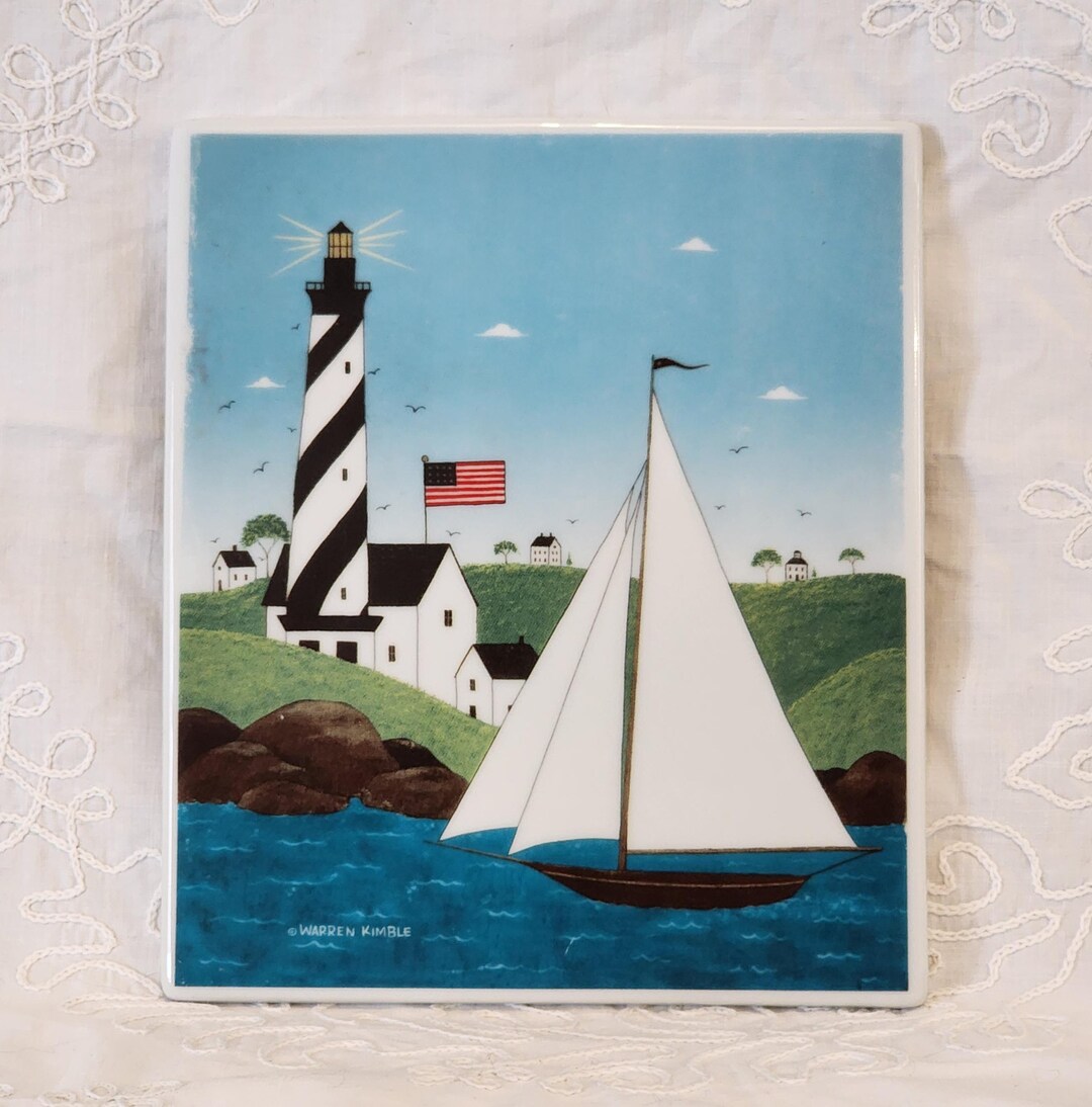 Vintage Warren Kimble Ceramic Tile, Sailboat and Lighthouse: Coastal ...