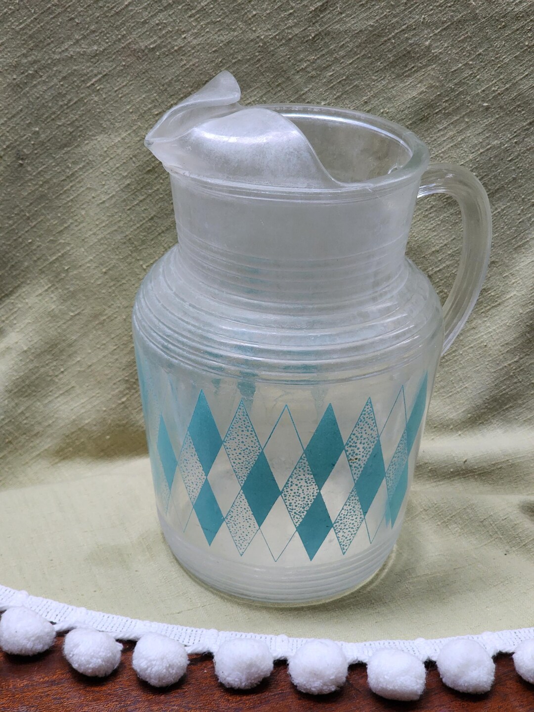 Vintage Frosted Glass Drink Pitcher Hazel Atlas Midcentury Modern Blue ...