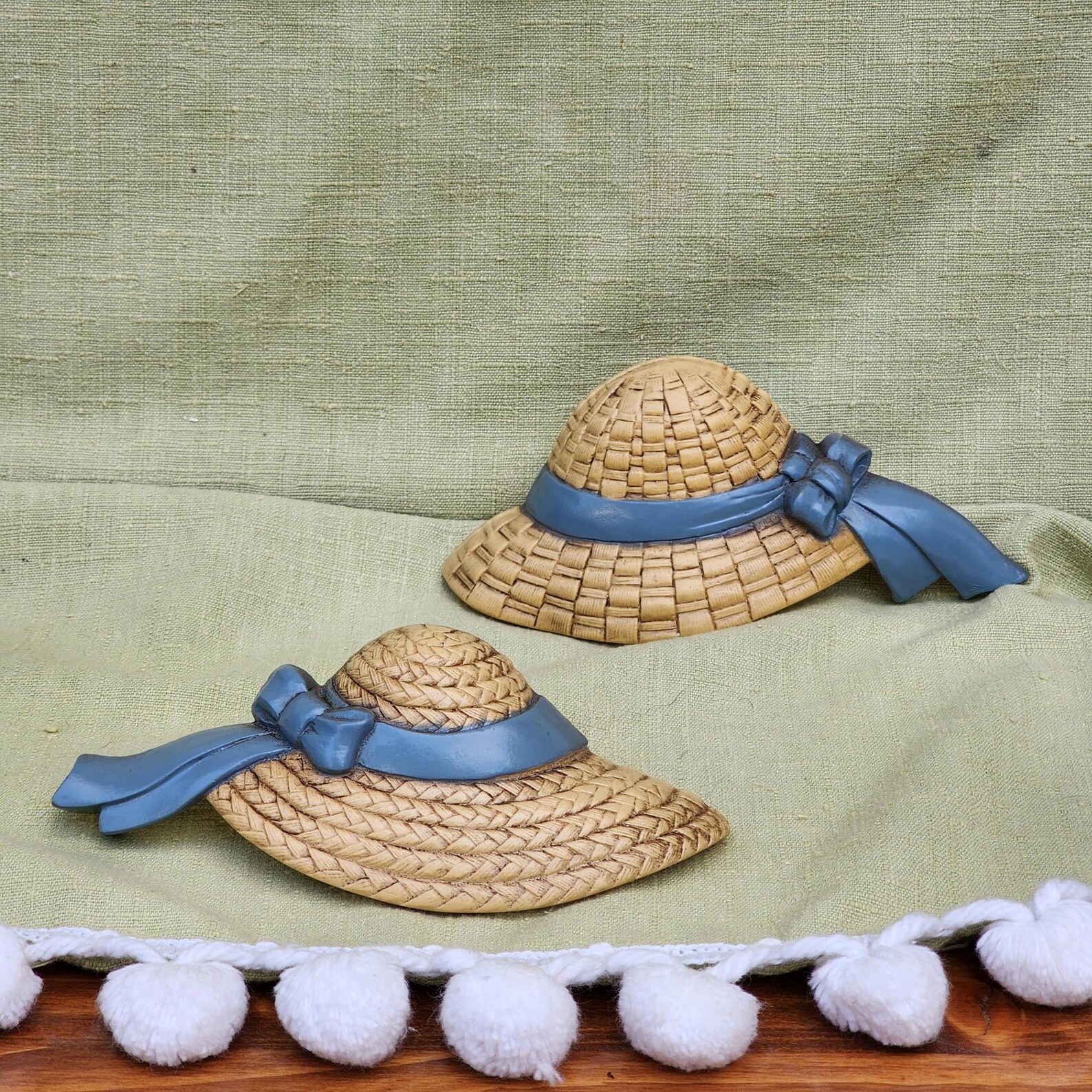 Vintage 1987 Burwood Homco Straw Hats With Blue Ribbon Wall Hangings ...