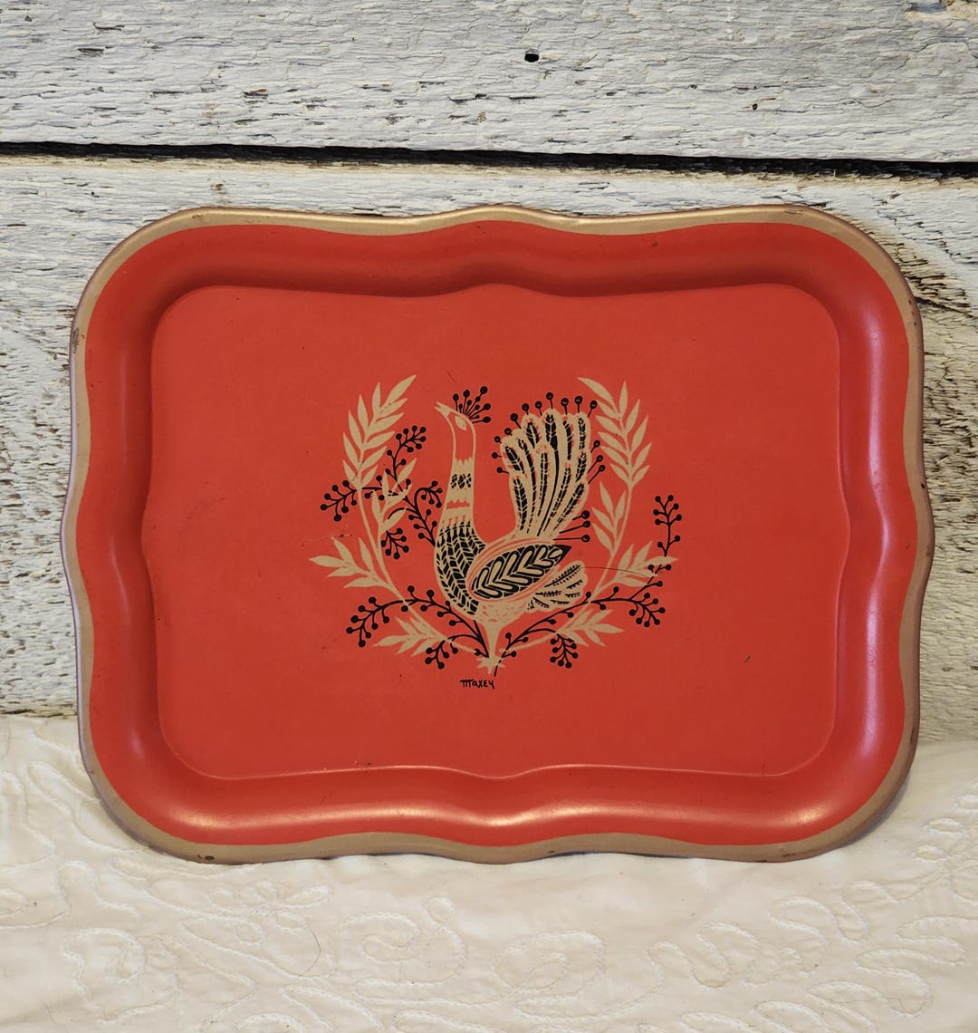 Vintage 1950s Maxey Gold Peacock and Red Metal Tray, Midcentury Modern ...