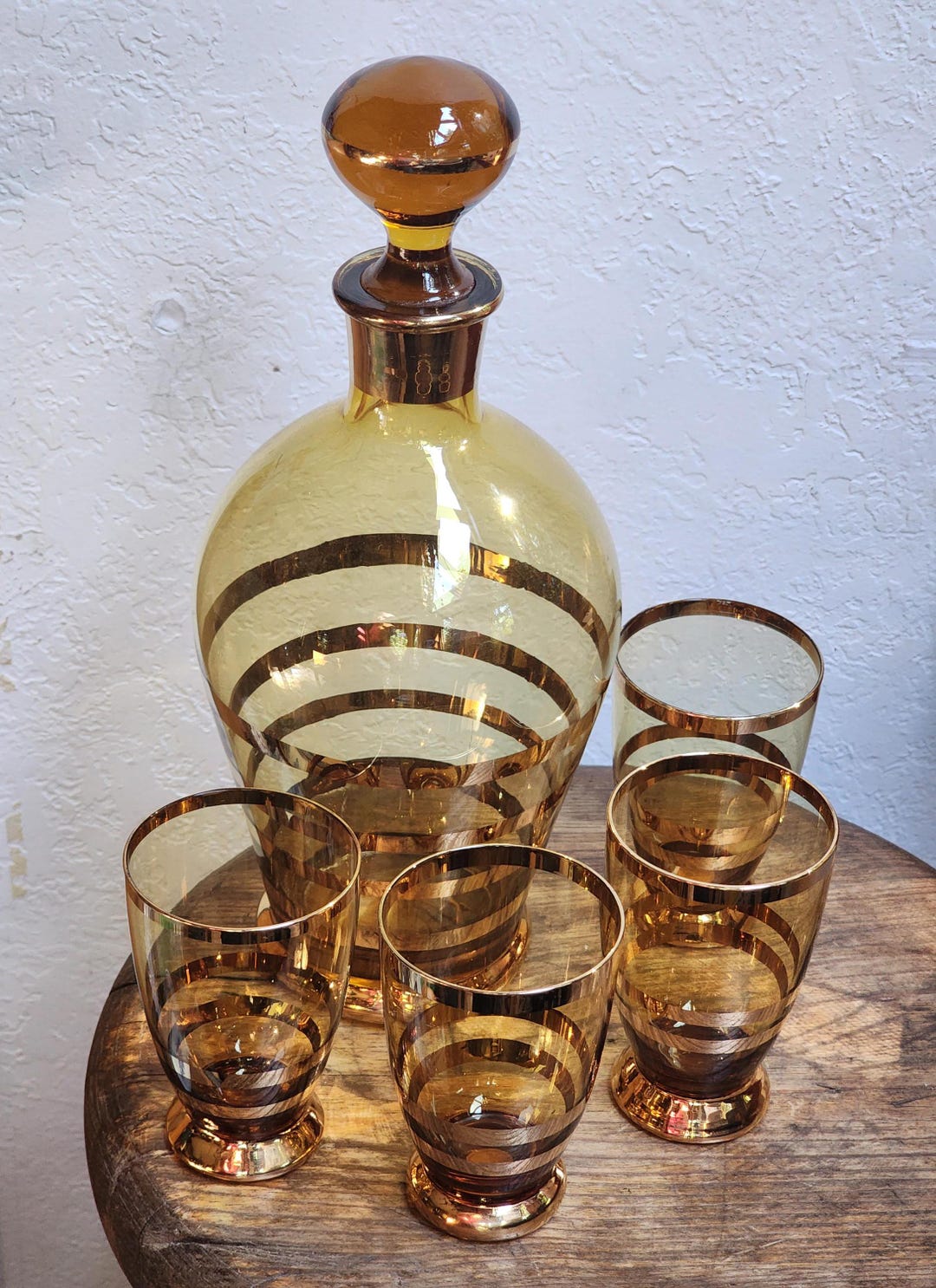 Vintage Midcentury Modern Decanter With Stopper 4 Glasses Amber Glass ...