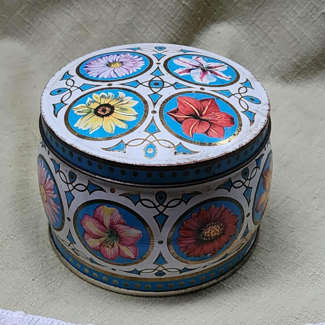 Vintage 1930s Round Flower Tin Box Art Deco Daisy Lily Sunflower Blue ...