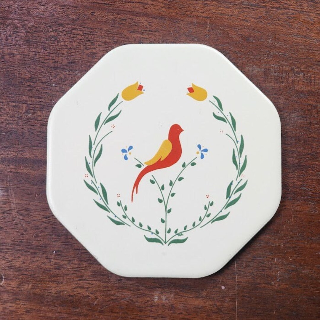 Vintage Ceramic Trivet Hot Plate Coaster Tile Peace Dove Tulips Folk ...