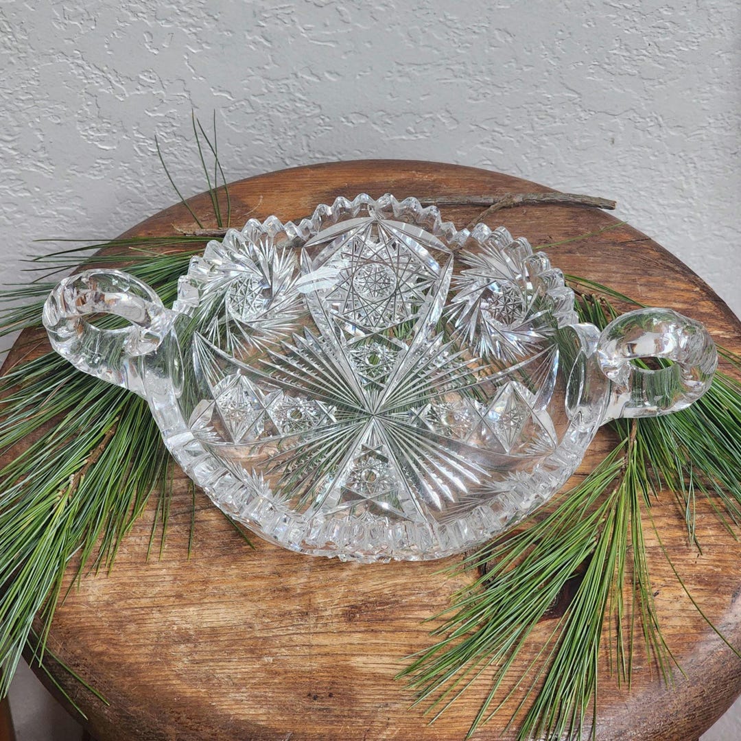 Vintage Crystal Dish With 2 Finger Loop Handles, Heavy American ...