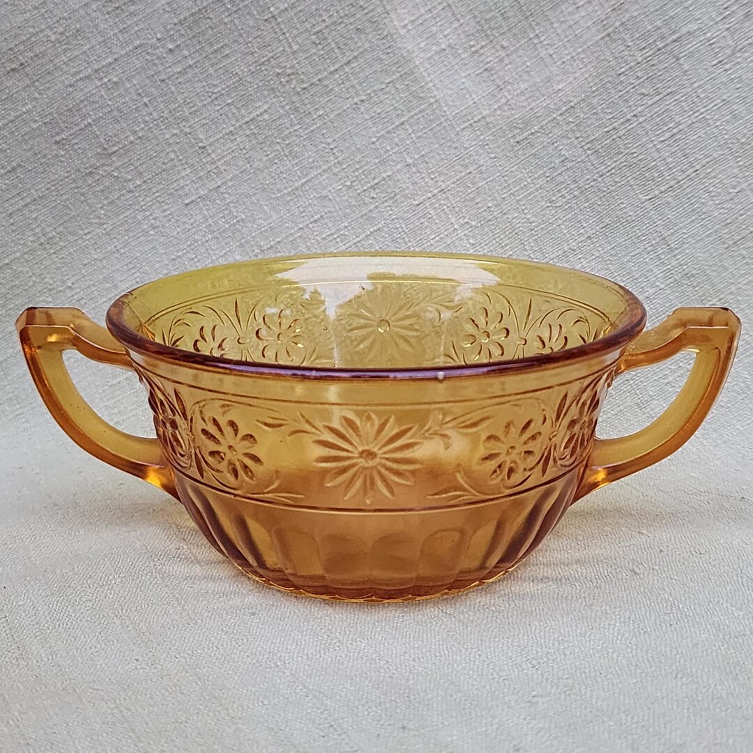 Vintage Indiana Glass Amber Daisy Flower Bowl With Two Handles ...
