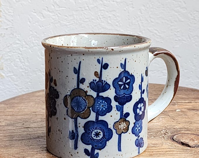 Vintage Stoneware Mug, Retro 1960s Blue and Brown Flowers, Rustic ...