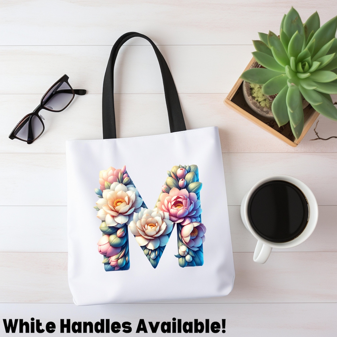 Pastel Floral Letter M Tote Bag, Letter M Tote Bag, Alphabet Bag ...