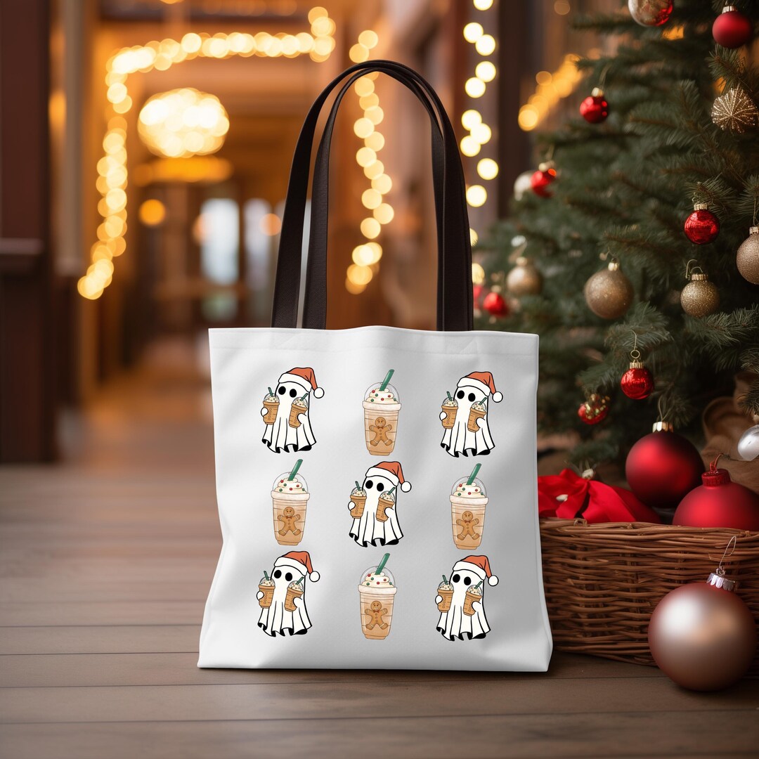 Santa Ghost Iced Coffee Collage Tote Bag, Christmas Tote, Holiday Gift ...
