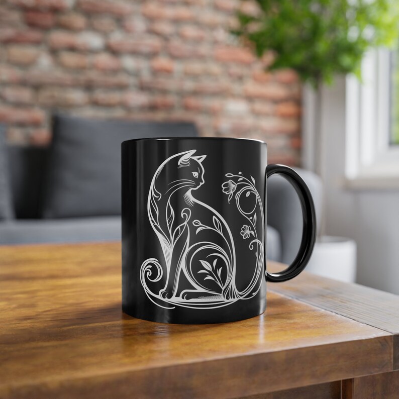 Elegant Artistic Cat Mug Stylish Folk Art Minimalist Kitchenware Floral ...
