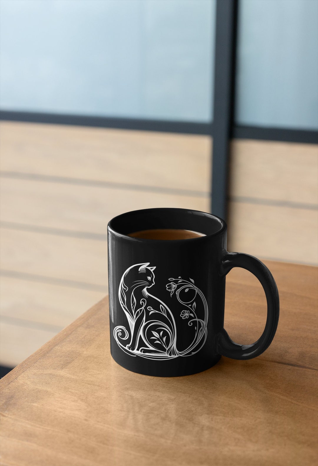 Elegant Artistic Cat Mug Stylish Folk Art Minimalist Kitchenware Floral ...