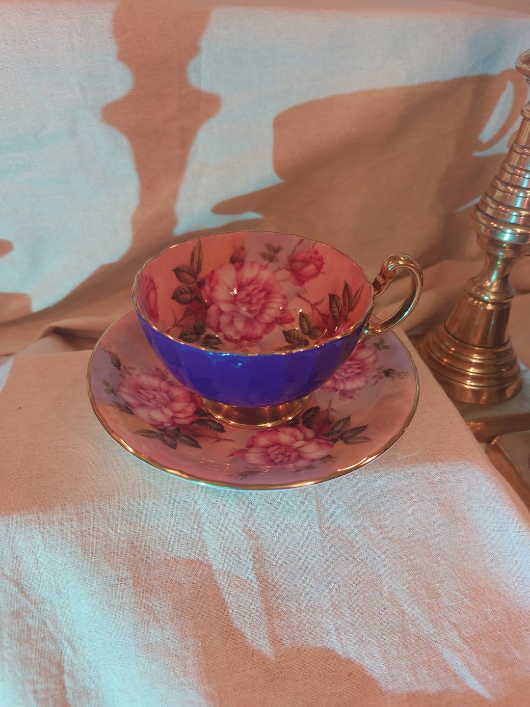 Vintage Tea Set of Cobalt Blue Tea Cup, Pink Cabbage Roses Saucer ...