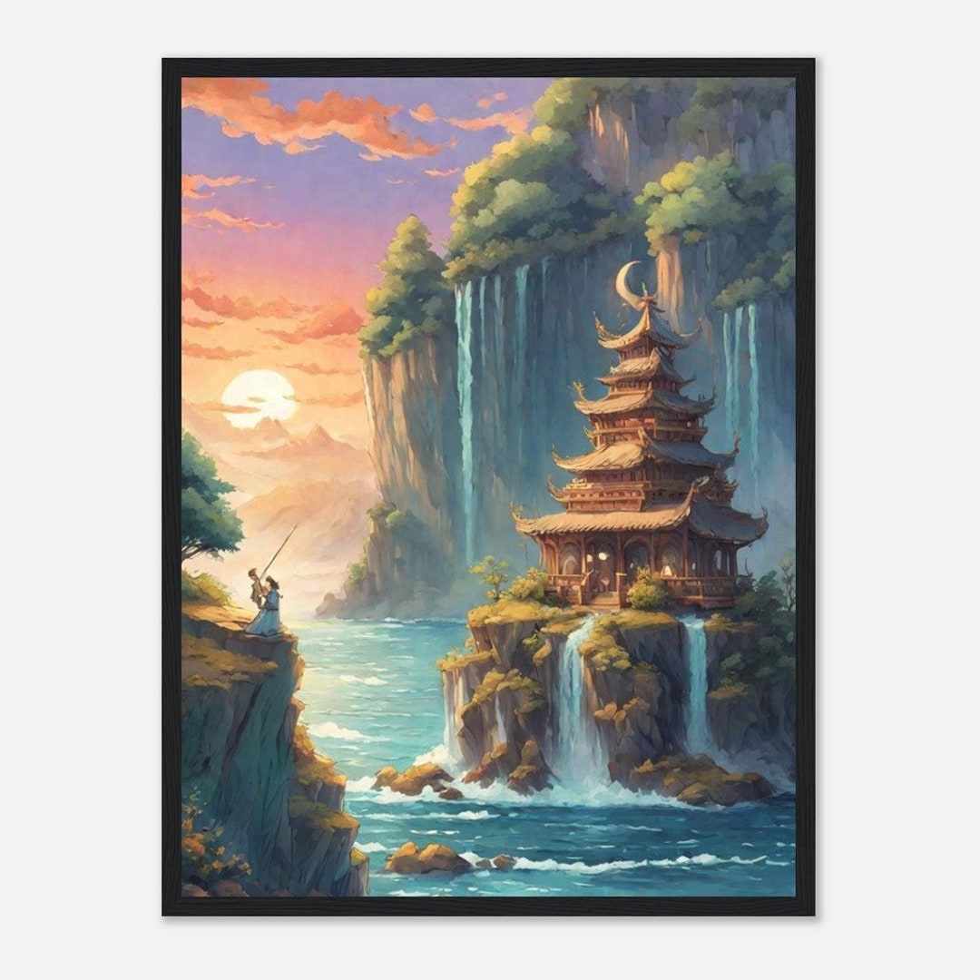 Japanese Temple Ocean Mountains Premium Houten Frame 45x60cm - Etsy