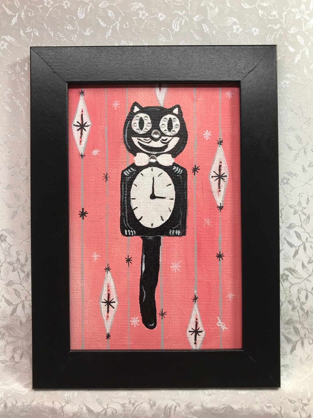 Kit Cat Clock Painting, Pink With Rhinestones, Retro Kitchen Kitsch ...