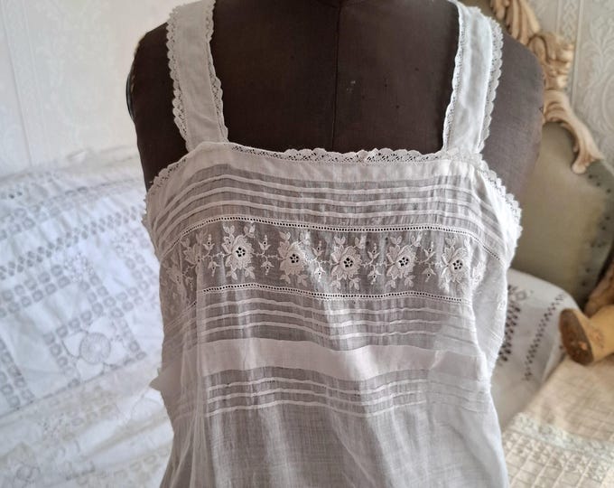 Antique Edwardian White Cotton Slip Chemise Dress, Hand Embroidered ...