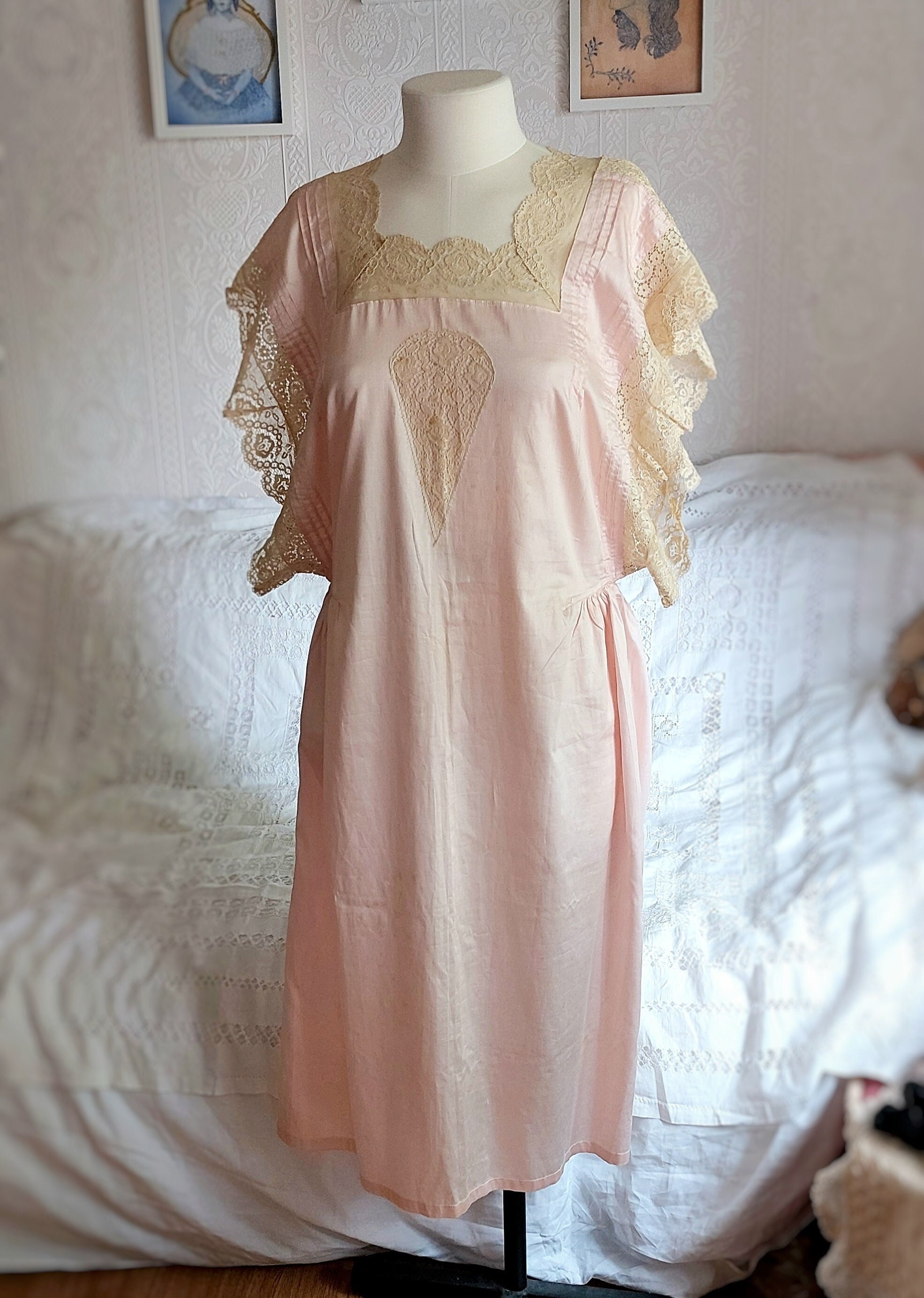 Vintage 1920s 1930s Pastel Pink & Cream Lace Cotton Nightdress, Pleated ...