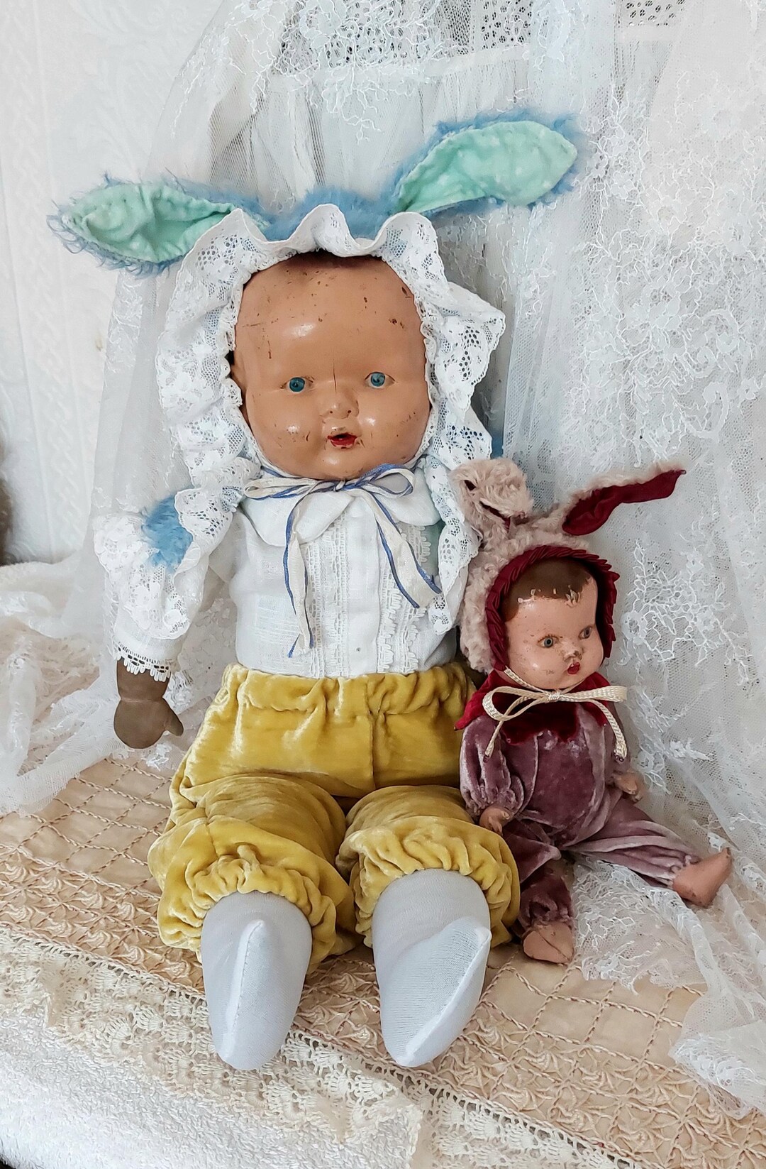 Two Vintage 1940s Bunny Rabbit Baby Dolls, Shabby Composition & Fabric ...