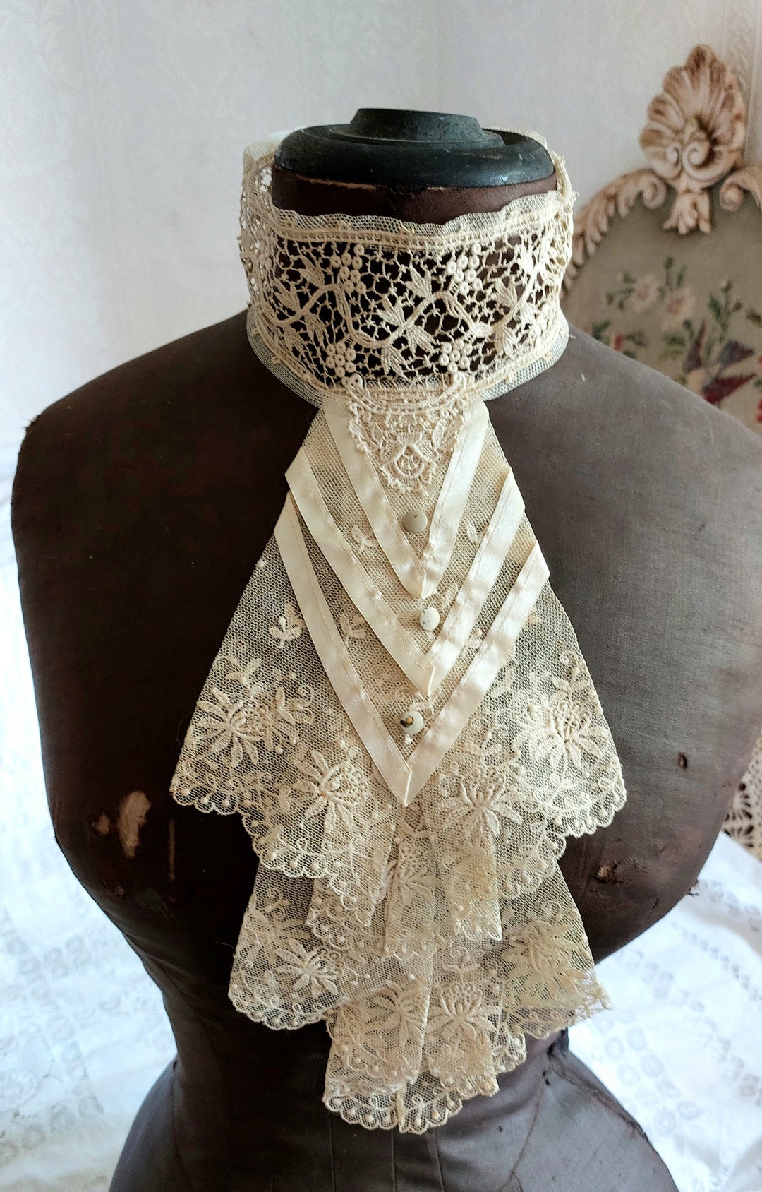 Beautiful Antique Lace Jabot Collar, Edwardian Lace High Neck Collar ...