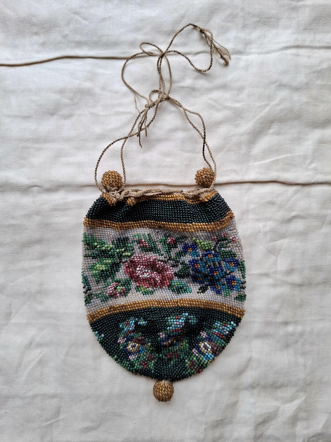 Antique Victorian Beaded Reticule Bag, 1800's Beaded Floral Drawstring ...